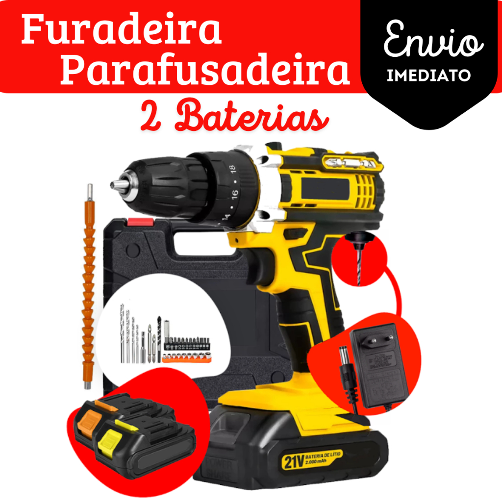 Kit Furadeira E Parafusadeira Sem Fio Maleta 21v Com 2 Baterias Com ...