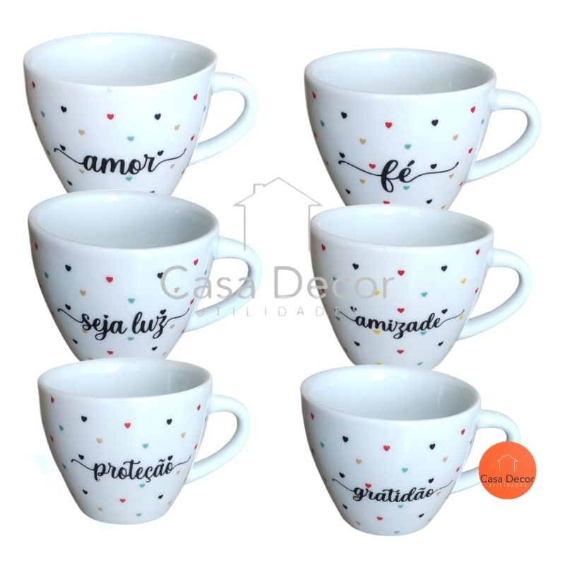 Jogo Xícaras Café Porcelana Decorada Frases Kit Xícara Cafe Cha 70ml | Shopee Brasil
