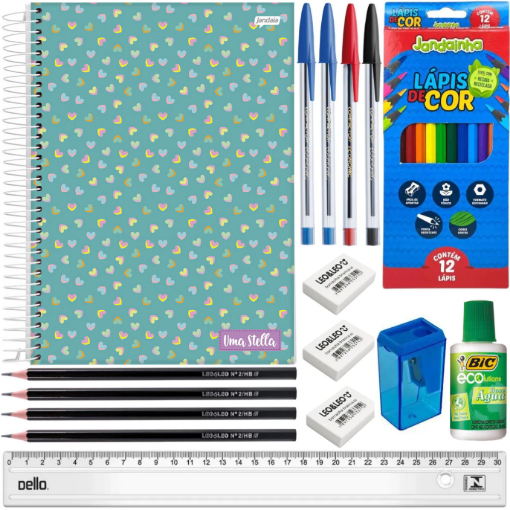 Kit Material Escolar Completo Caderno 10 matérias 160 folhas Canetas ...