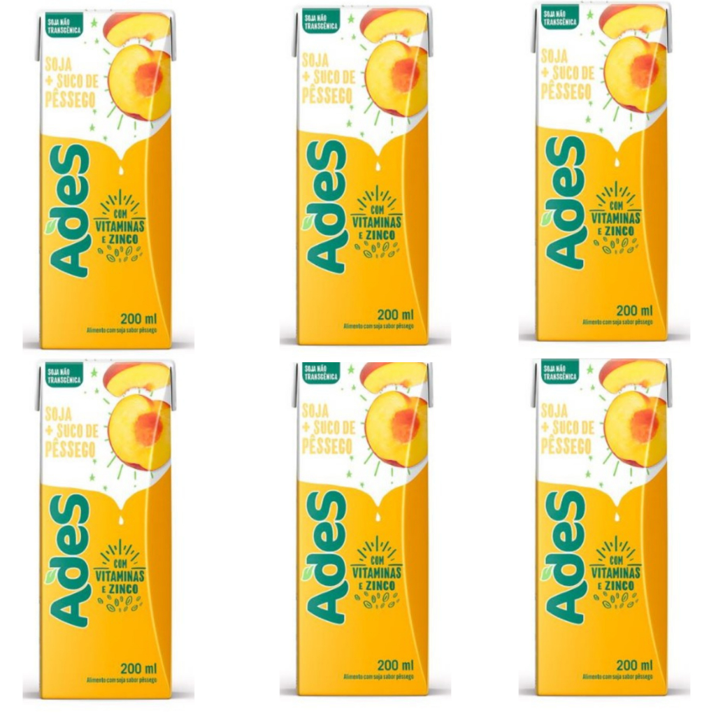 Kit\6 unidades Suco Soja Ades 200ml Sabor Pêssego | Shopee Brasil