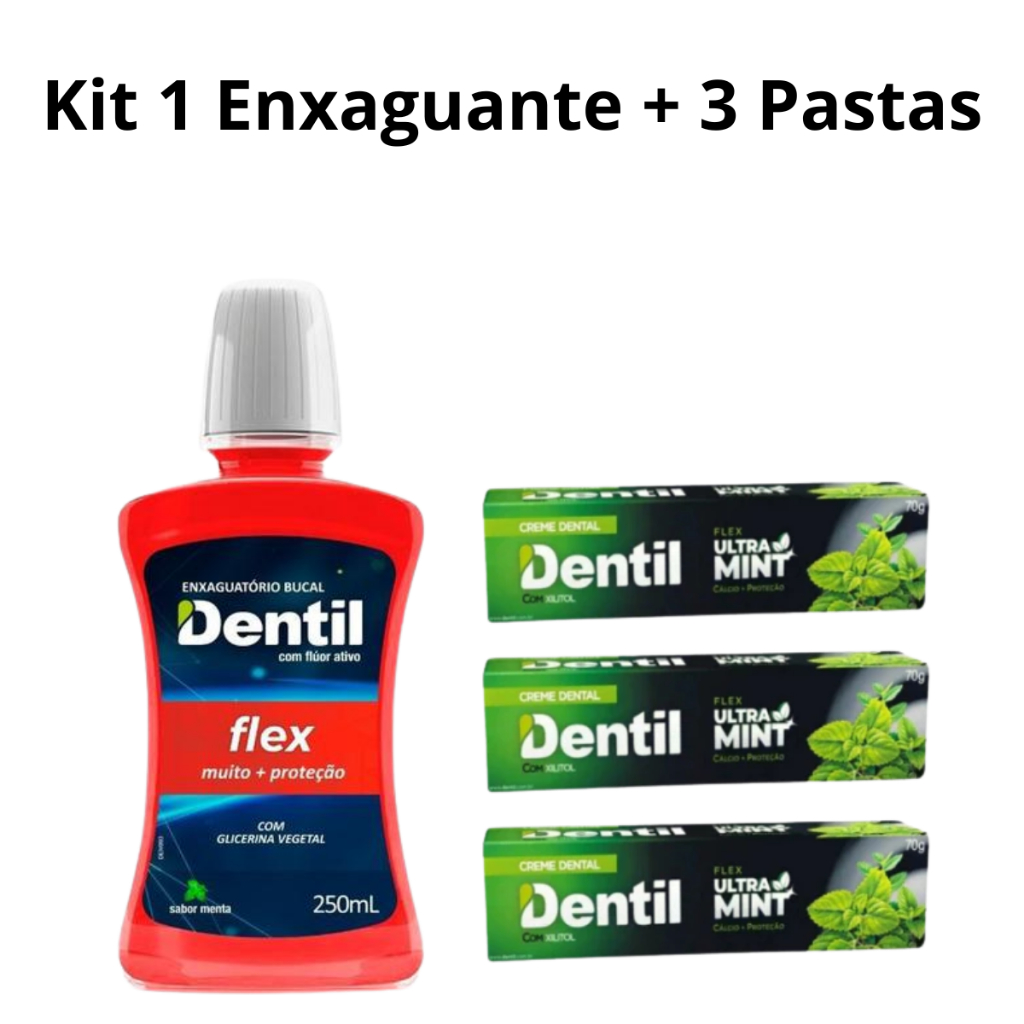 Kit 3 Pasta Ultra Mint + 1 Enxaguante Bucal Dentil Flex com Fluor 250ml ...