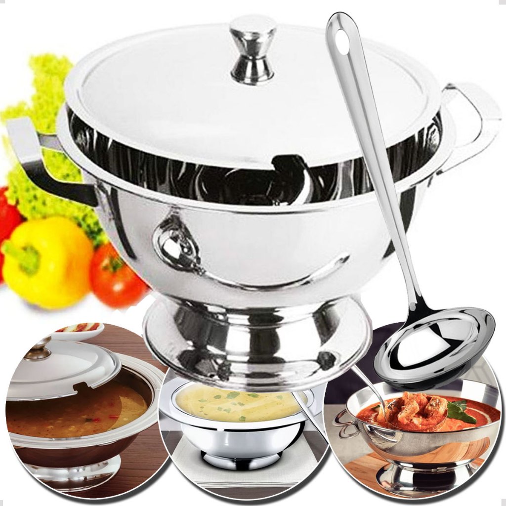 Sopeira Grande Redonda Aço Inox C/ Tampa Concha Servir Caldos Feijoada ...