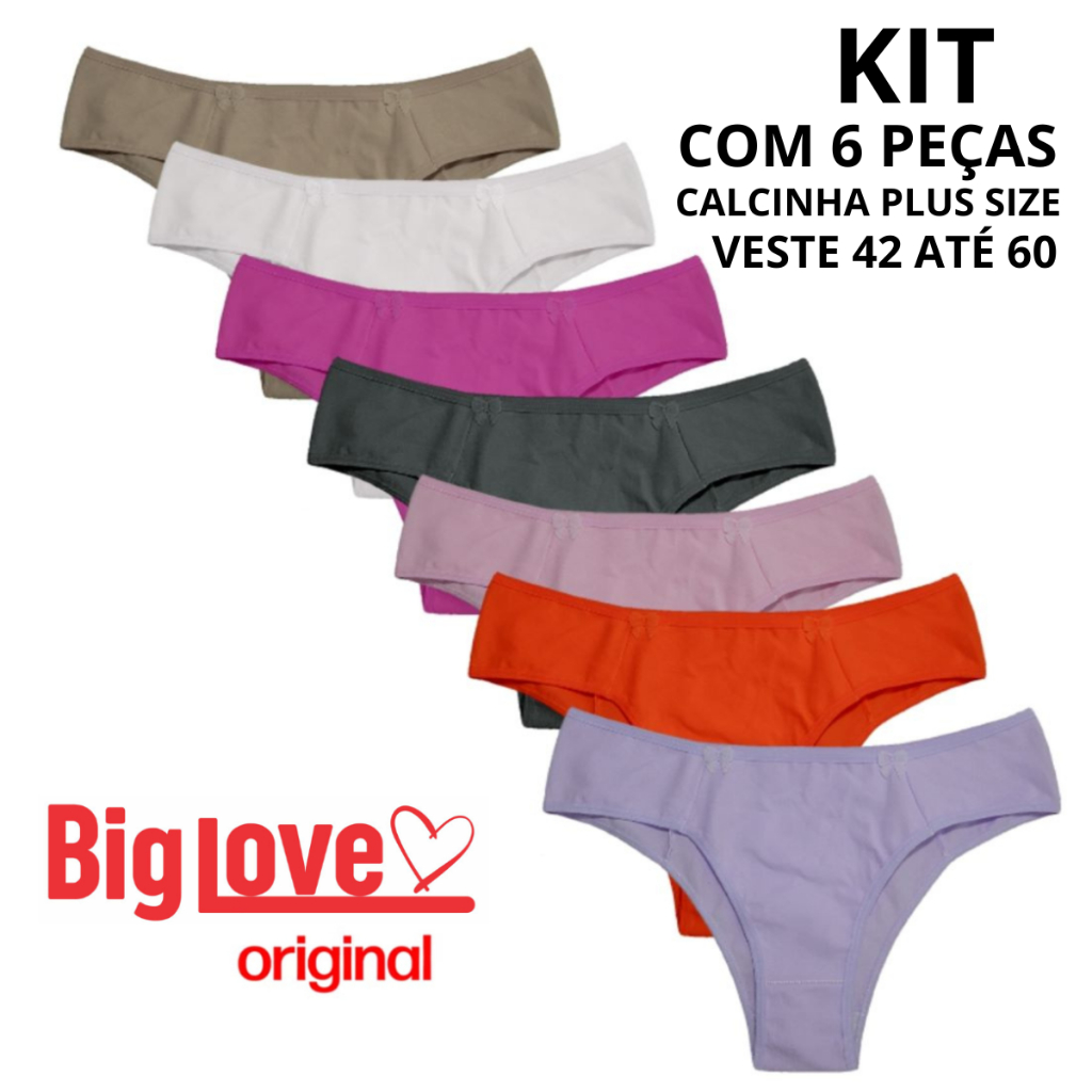 Kit Com 6 Calcinhas PLUS SIZE BIG LOVE Tangão de Algodão ( P ao GG3 ...