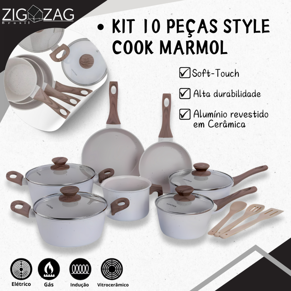 Kit de 10 Peças, Panelas Style Cook Marmol Bambu de Cerâmica ...