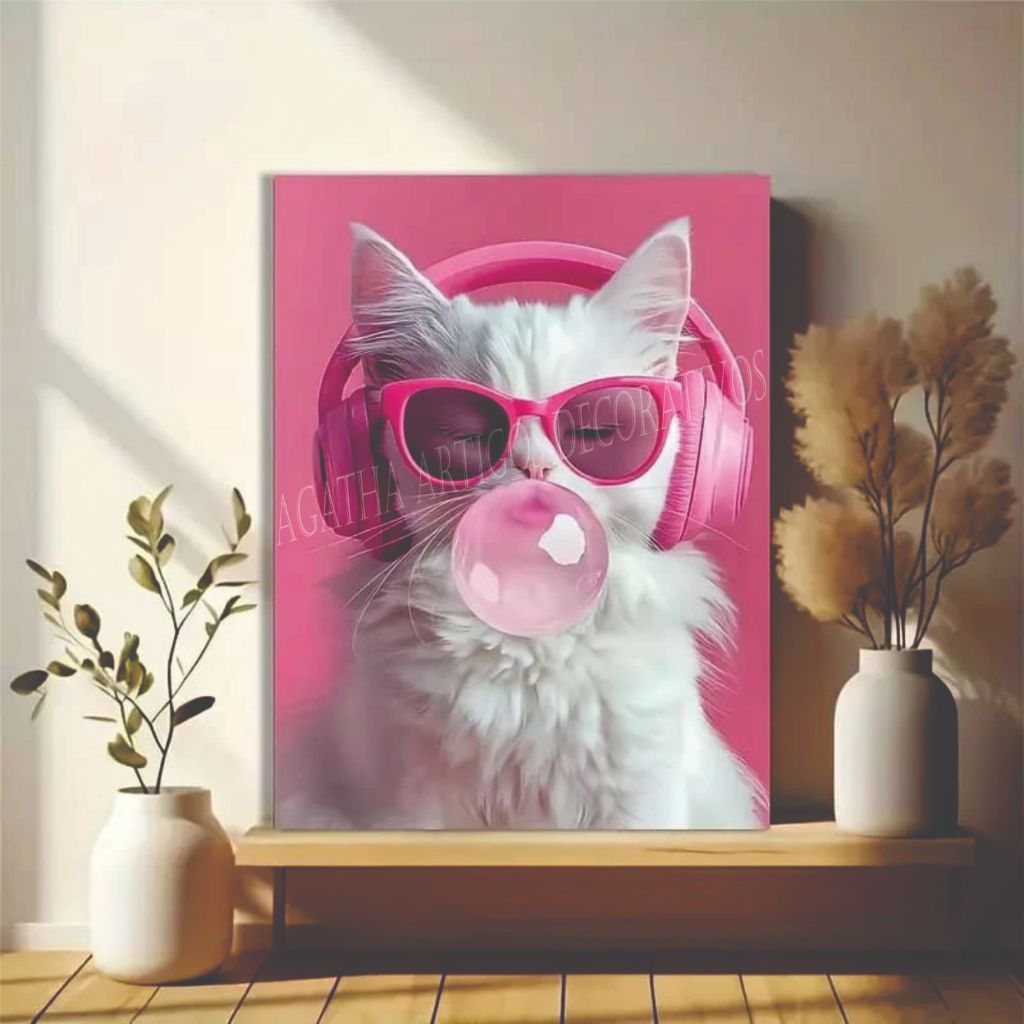 quadro gato branco mascando chiclete decoração sala quarto pet shop ...