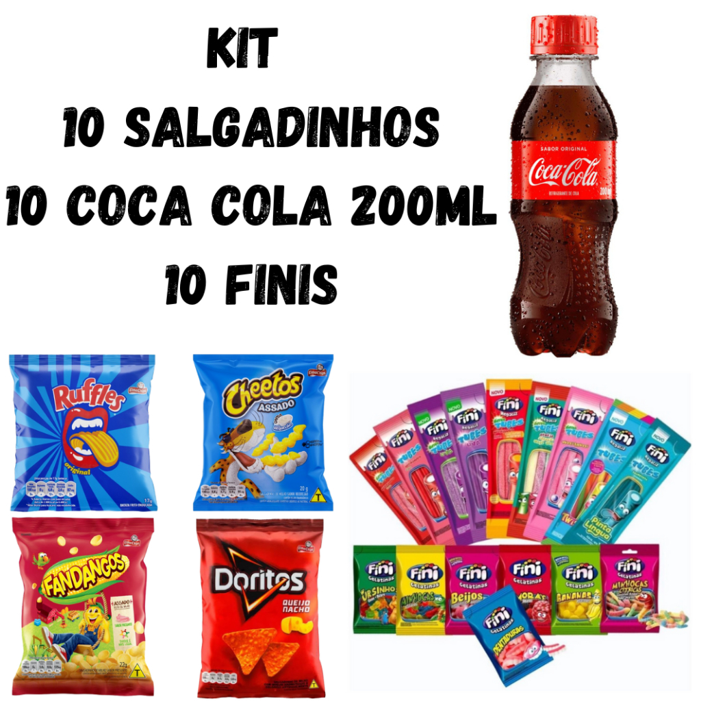 KIT 10 SALGADINHOS ELMA CHIPS + 10 COCA COLA 200ml + 10 FINIS | Shopee Brasil