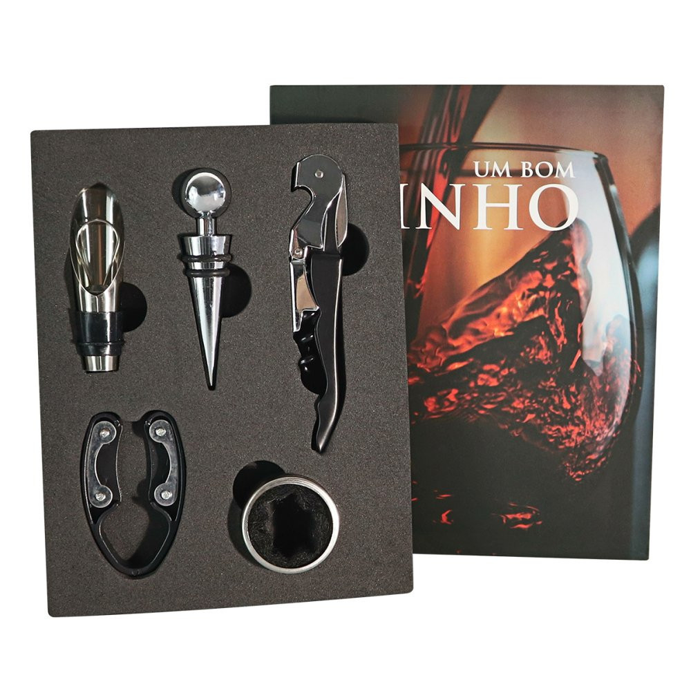 Kit Vinho Luxo Abridor Saca Rolhas Tampa Dosador Livro 05 Peças,vinho ...