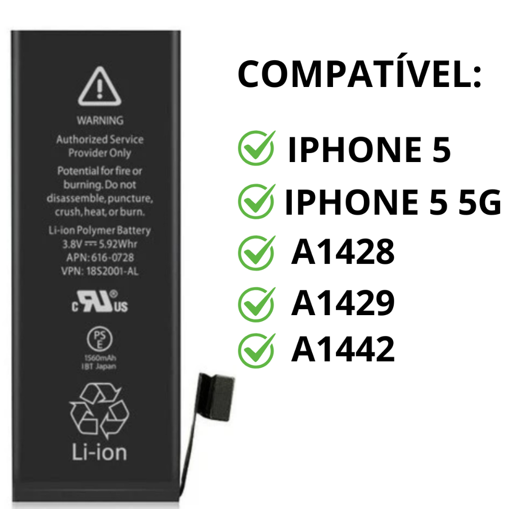 Bateria Original Compatível com IPhone 5 5G A1428 A1429 A1442 1440mAh ...