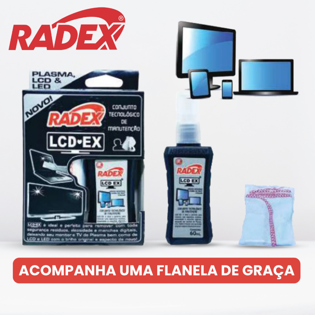 Limpador de monitor LCD EX RADEX 60ml + flanela gratuita | Shopee Brasil