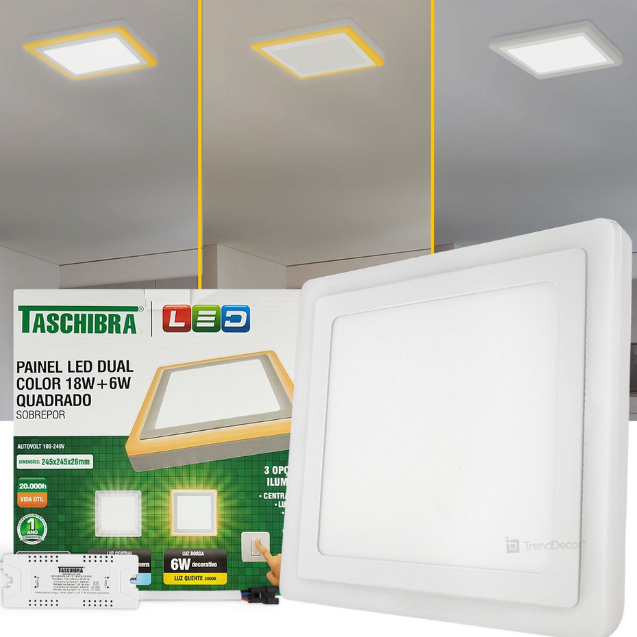 Painel LED Taschibra Dual Color 18W/6W Quadrado de Sobrepor Moderno | Shopee Brasil