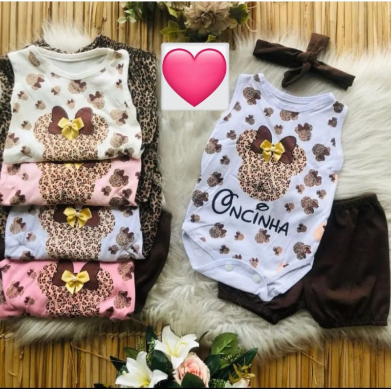 conjunto de bebê menina Body + short e tiara de cabelo minnie oncinha ...