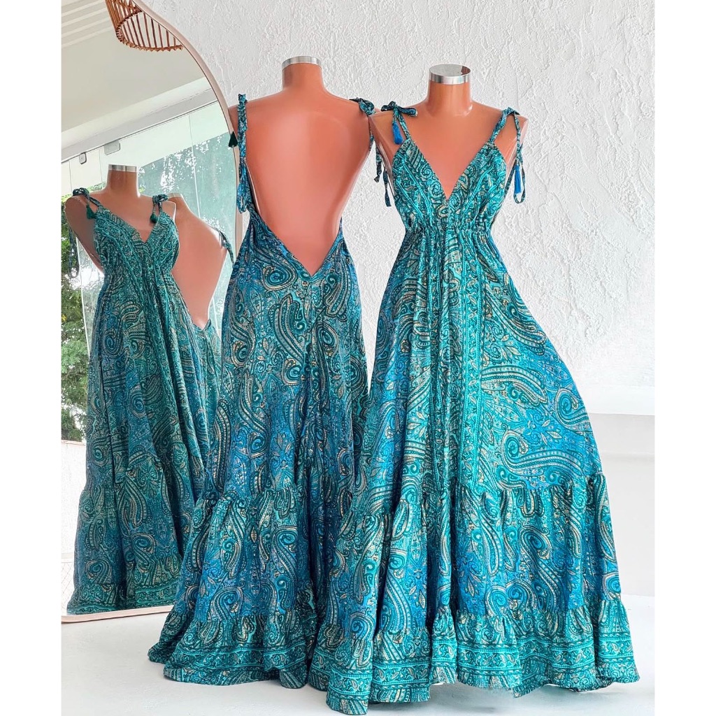 Vestido elegante COSTA NUA feminino frente unico longo de Seda Indiano ...