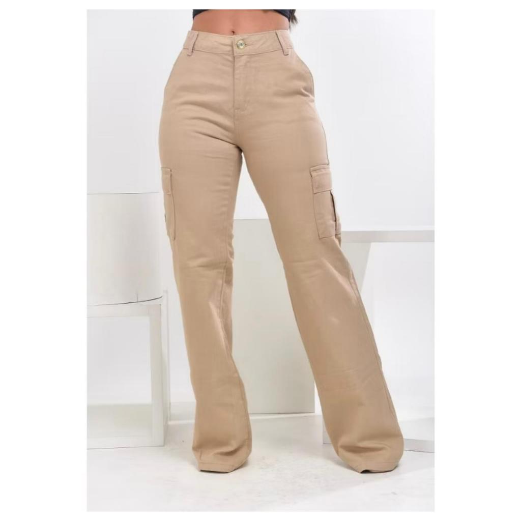 Calça cargo feminina bege Sarja Jeans com bolso moda blogueira moda ...