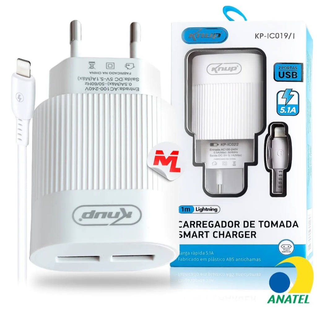Carregador de Celular 5.1A com Selo Anatel 2 Portas Usb e Cabo ...