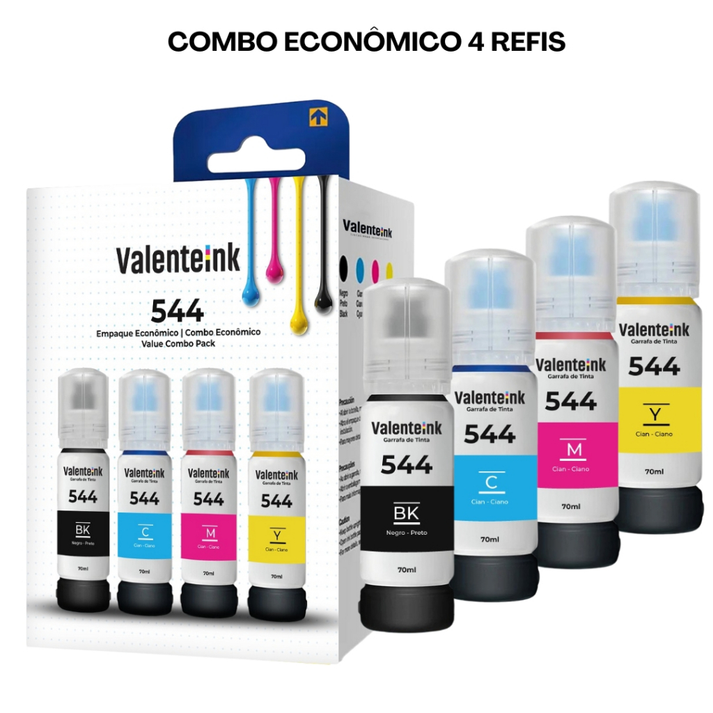 KIT COMBO 4 REFIL TINTA COMPATÍVEL P/ T544 para IMPRESSORAS L3150 L3250 L3210 L3110 e mais ...