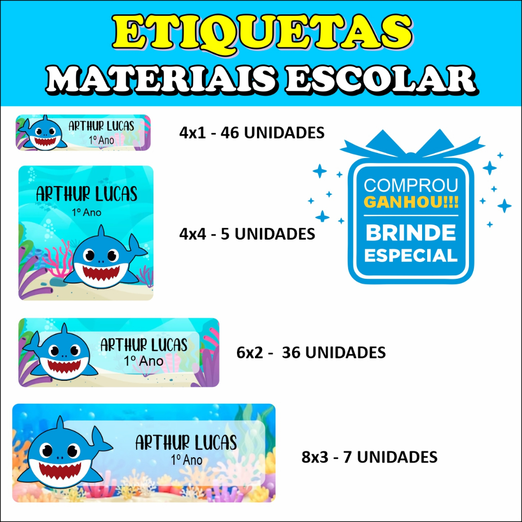 Etiqueta Escolar - TEMA BABY SHARK - Adesivos Personalizados - TOTAL DE ...