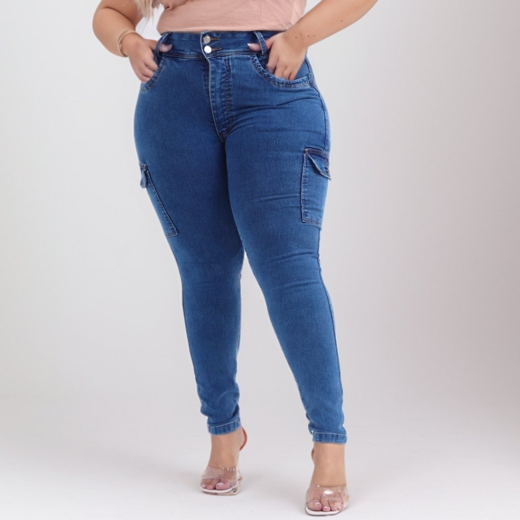 Calça Jeans Cargo Plus Size Cintura Alta Elastano Modelador | Shopee Brasil