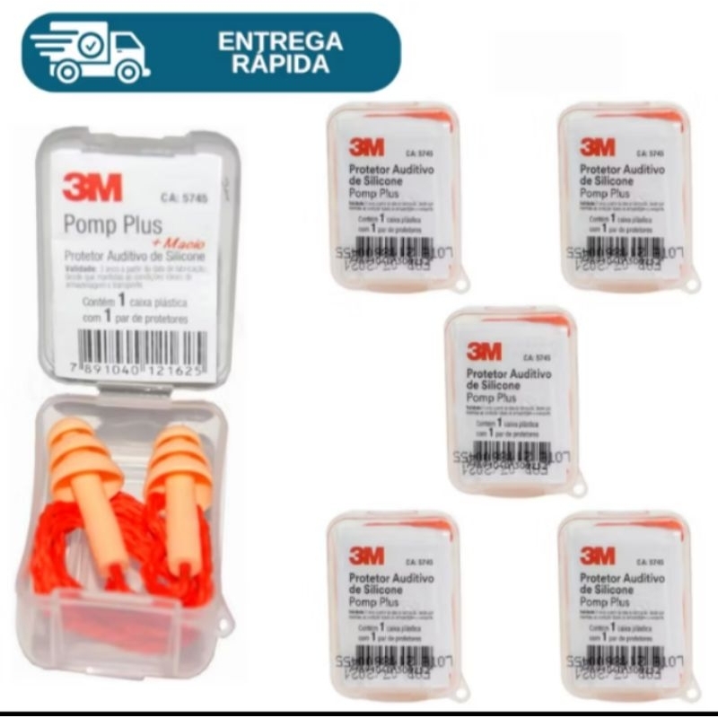 Kit 5 Protetor Auricular Auditivo Plug Silicone Pomp Plus 3M Com Cordão Para Ouvido 19DB Tipo ...