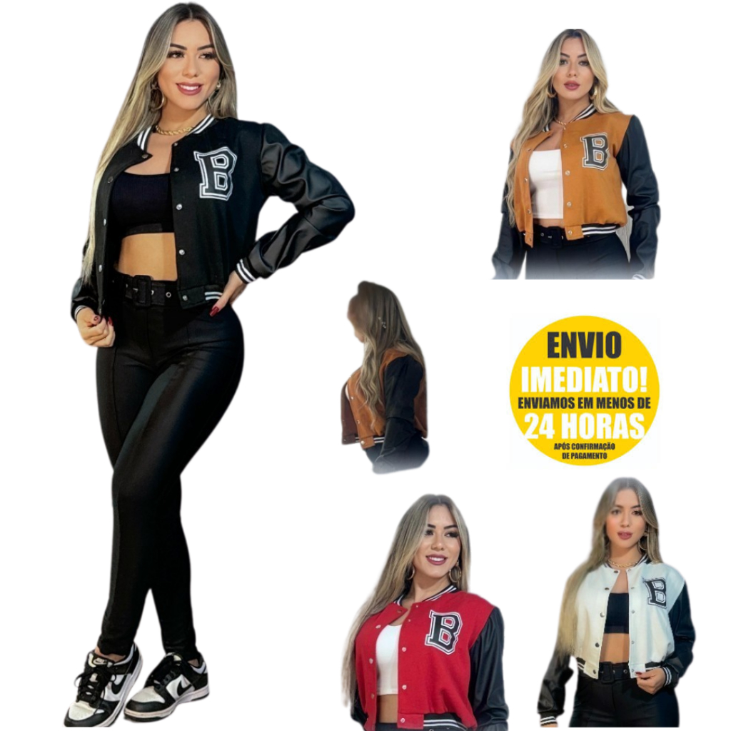 Jaqueta Bomber Feminina Colegial em Couro Fake com Capuz e Zíper - Moda ...