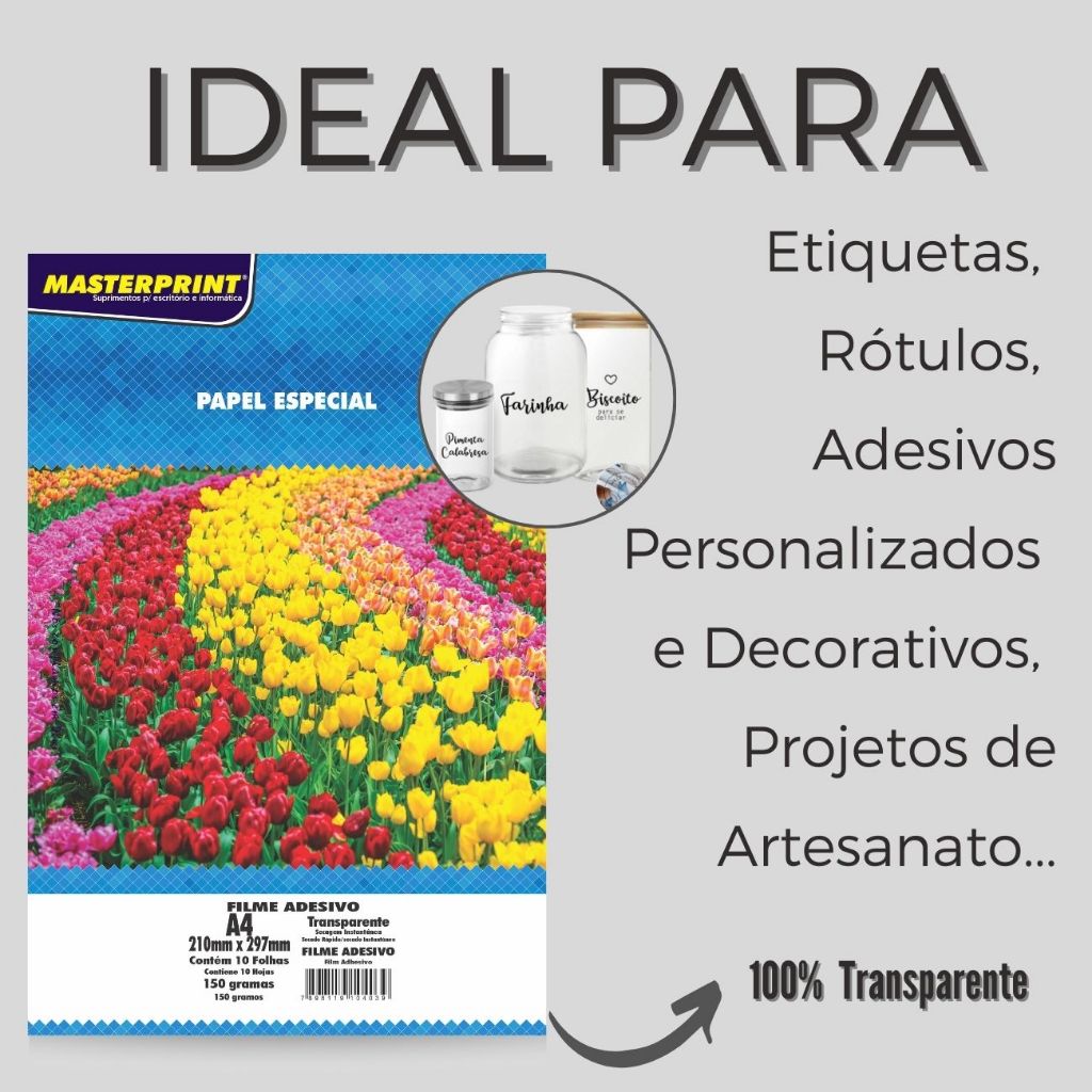Papel Filme Adesivo Vinil 100% Transparente A4 150g 10 folhas para ...