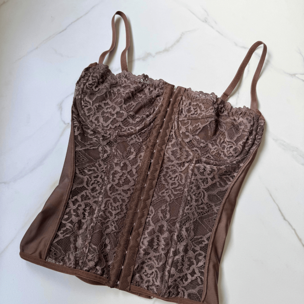 Corset Espartilho Corselet Corpete Marrom de Renda Alça Regulável ...