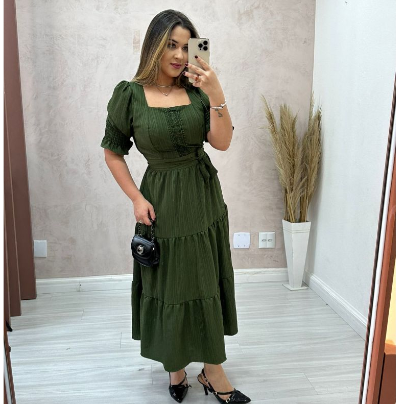 Vestido Midi Manga Princesa com Saia Três Marias em Tecido Duna Onda ...