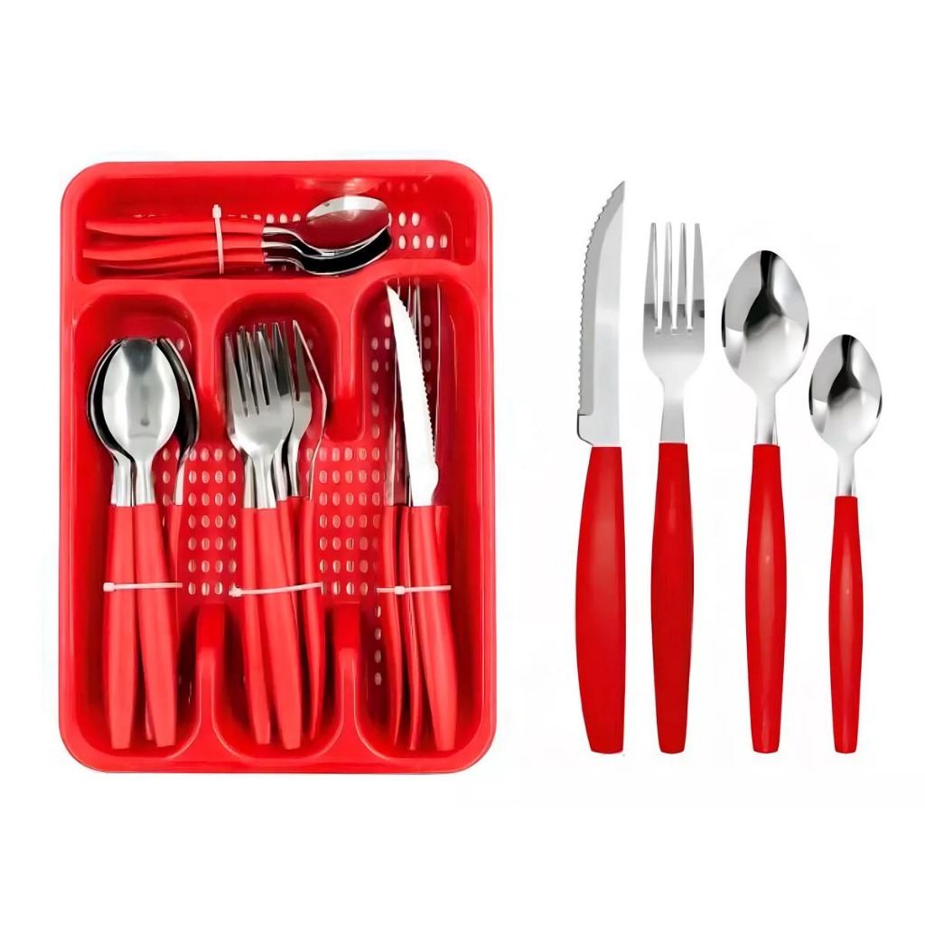 Kit De Talheres Inox Canadá 25 Peça Colher Garfo IDee Home Cor Vermelho ...