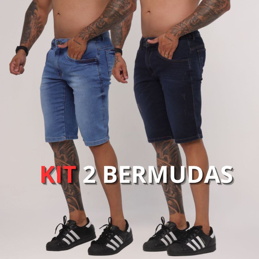 Kit 2 Bermudas Jeans Masculina Slim Com Lycra Elastano Short Alto ...