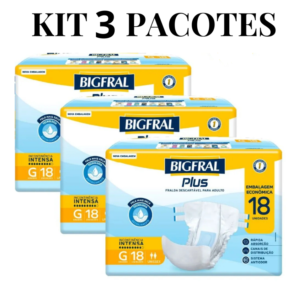 Kit 3 Pacotes de Fralda Geriátrica Bigfral Plus Regular Tamanho G - com ...