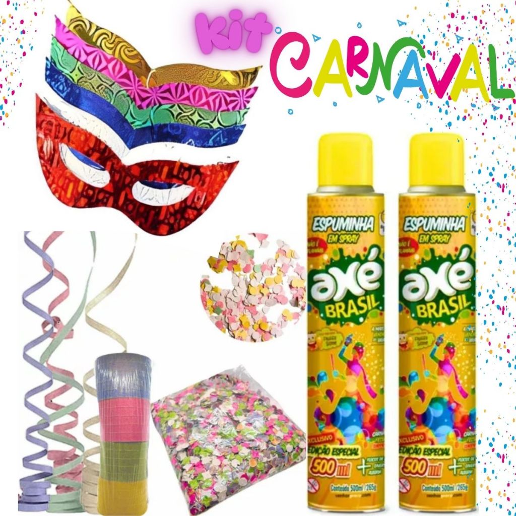 Kit Carnaval Serpentina Confete Espuma da alegria Mascaras Coloridas ...