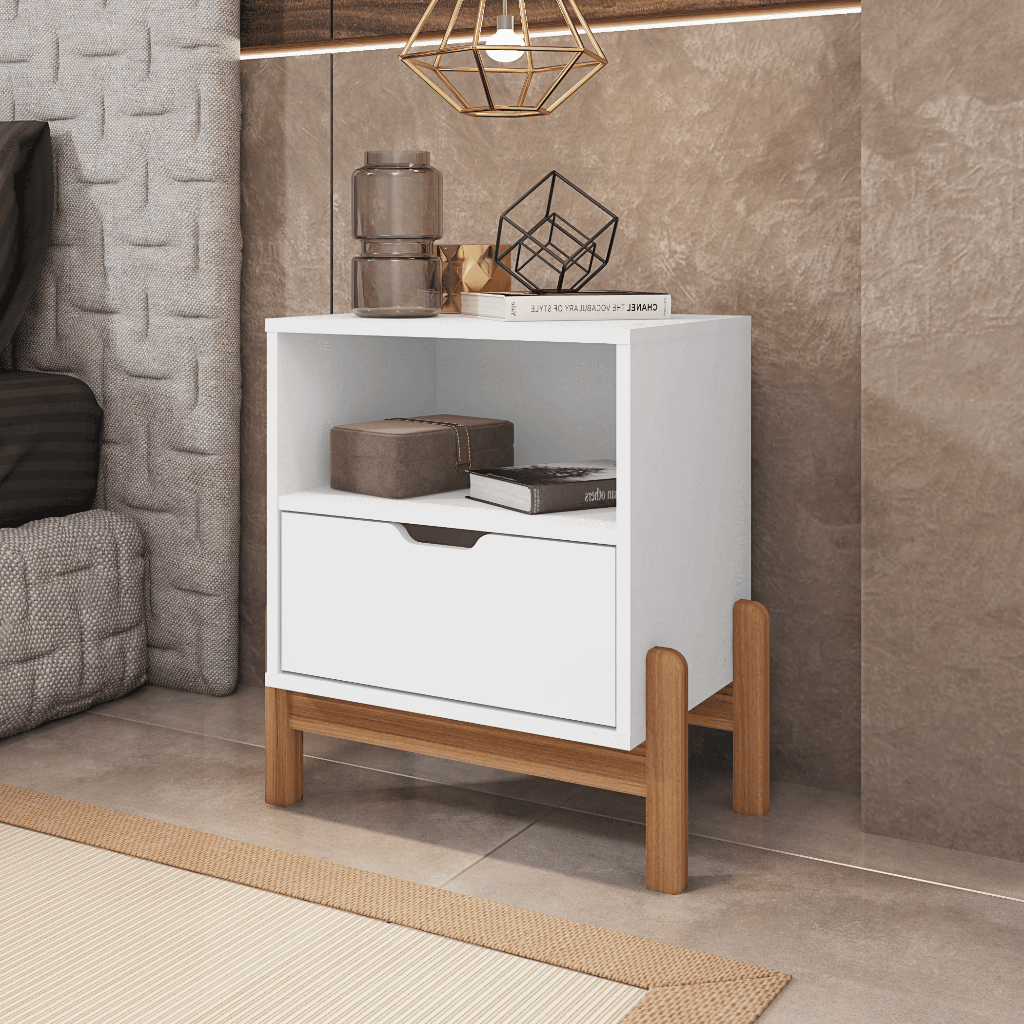 Mesa de Cabeceira Antares Robusta Mini Cômoda Branco Pé Madeira Nicho 1 Gaveta Quarto | Shopee ...