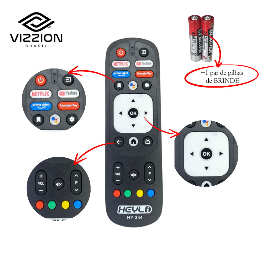 Controle remoto Vizzion para TV Smart / YOUTUBE, PRIME VIDEO, GOOGLE ...