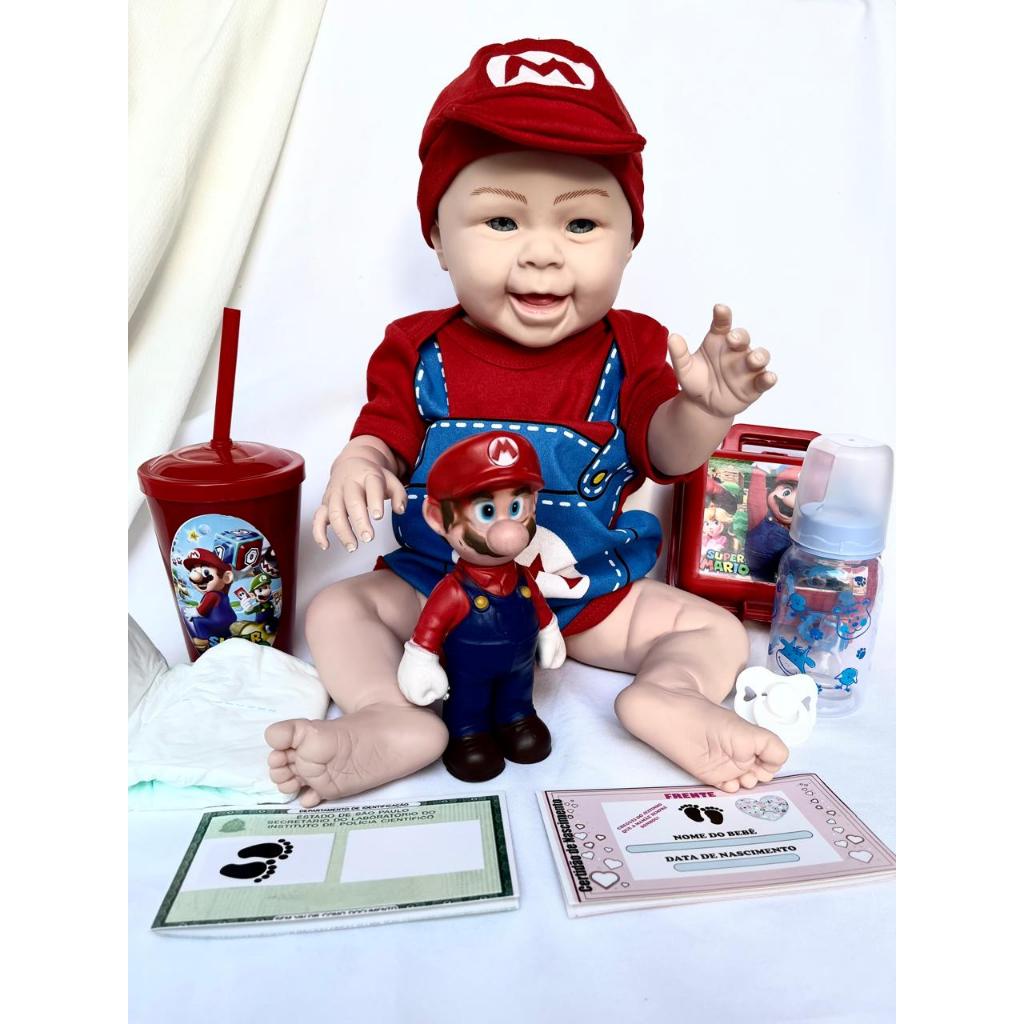 Kit Boneco Bebê Reborn Copo Mamadeira Bonequinho Mario RG Certidão de ...