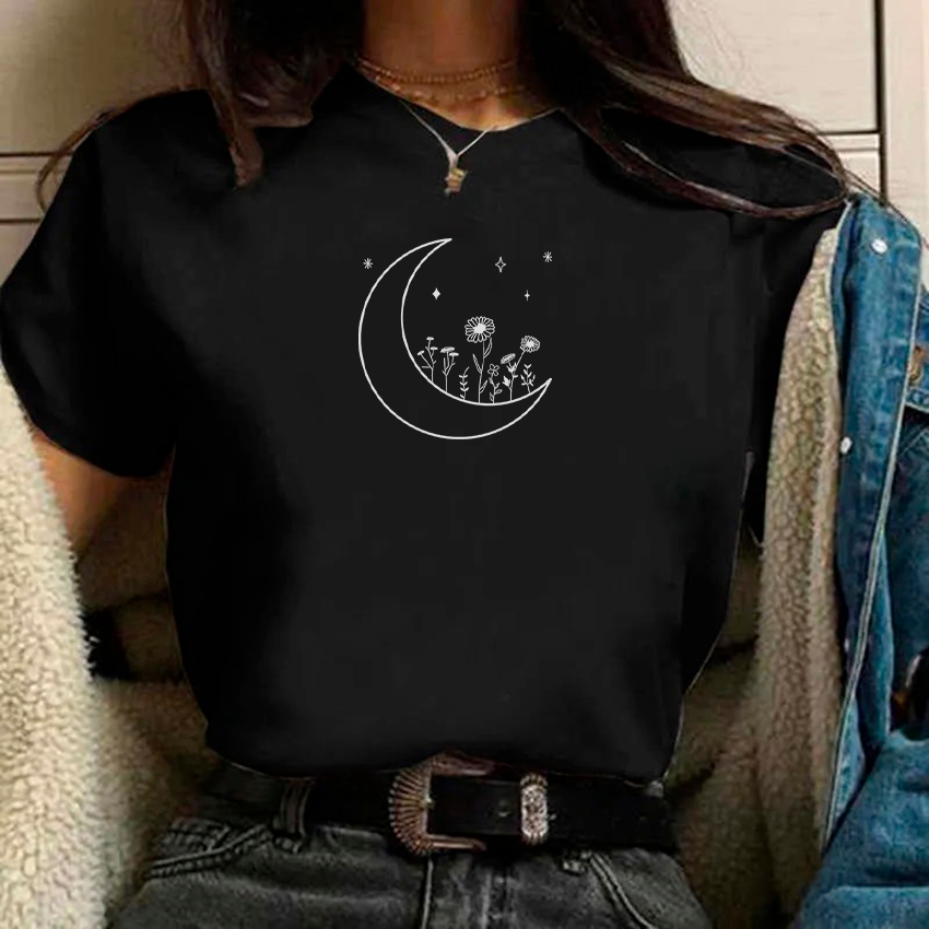 Blusa Lua Moon T-shirt Linda Camiseta Feminina Preta Básica Algodão Camisa | Shopee Brasil