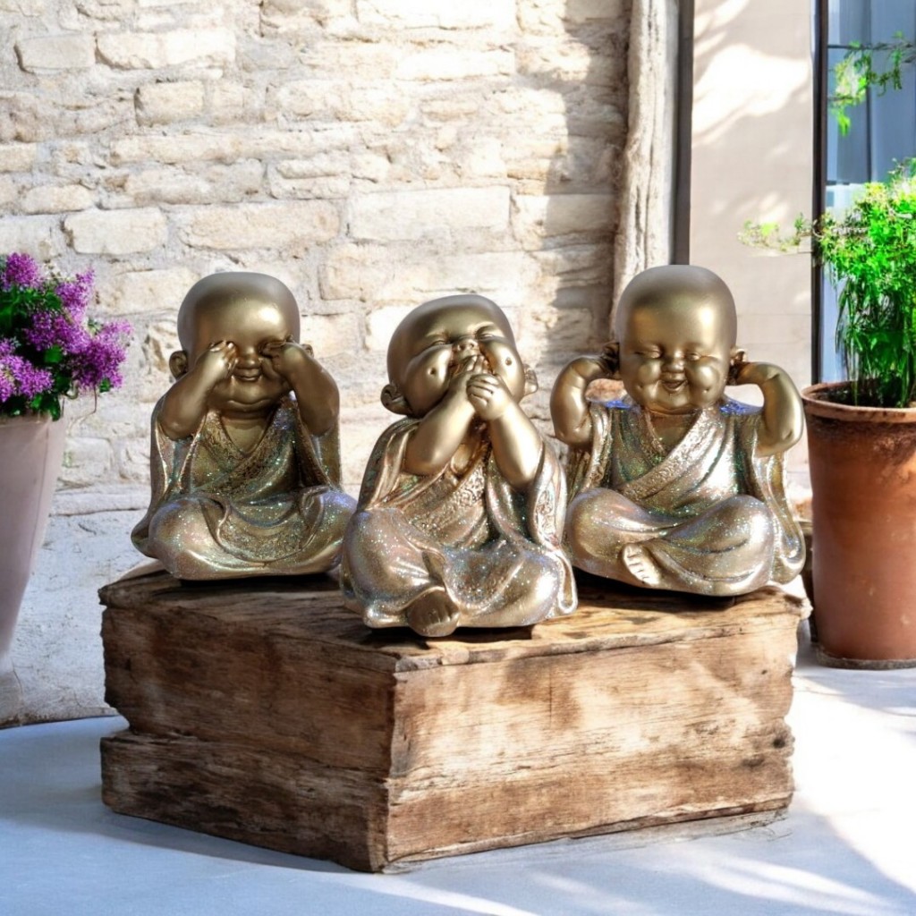 Trio de buda cego, surdo e mudo decoração em gesso 16x14cm pintura ...