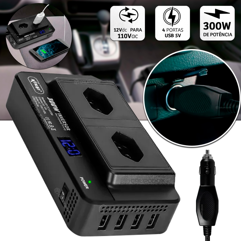 Inversor De Tensão Veicular Automotivo 12v Para 110v 300W Potencia 4 Saidas USB 2 Tomadas Padrão ...