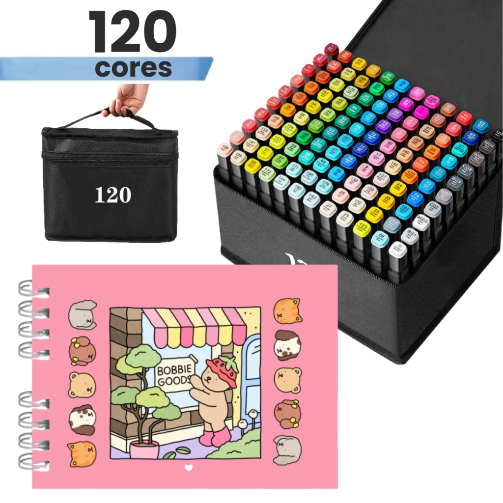 Canetas Touch 24, 36, 80, 120 Cores Ponta Dupla e Livros BOBBIE GOODS e STITCH de Colorir ...