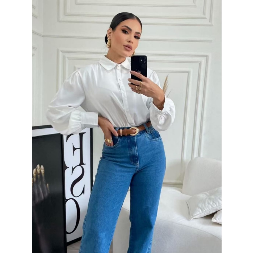 ISADORA MODA Feminina camisa branco manga bufantes | Shopee Brasil