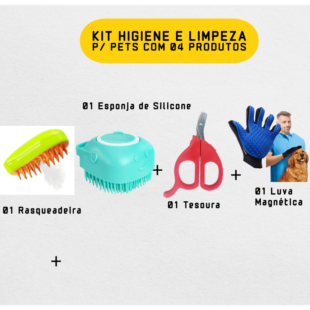 Kit de Limpeza e Higiene Para Pets com 04 Produtos 1 Escova a Vapor + 1 ...