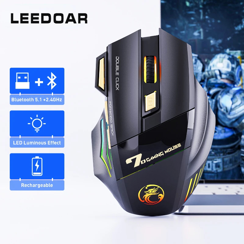 Mouse para jogos sem fio GW-X7 Recarregável, Mouse silencioso, Bluetooth, 7 teclas, 3200DPI ...