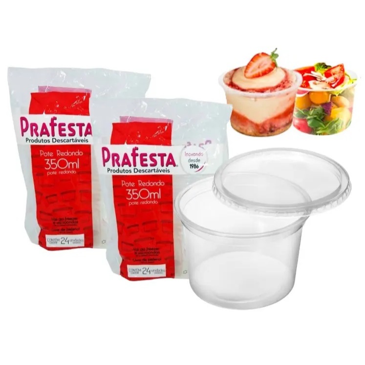 Pote Descartável Prafesta Redondo 350 ml, Com Tampa, Pacote com 24 Unidades | Shopee Brasil