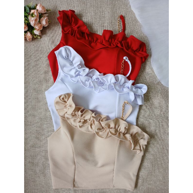 Cropped top BABADO alça corrente Neoprene com bojo Carnaval/Blogueira ...