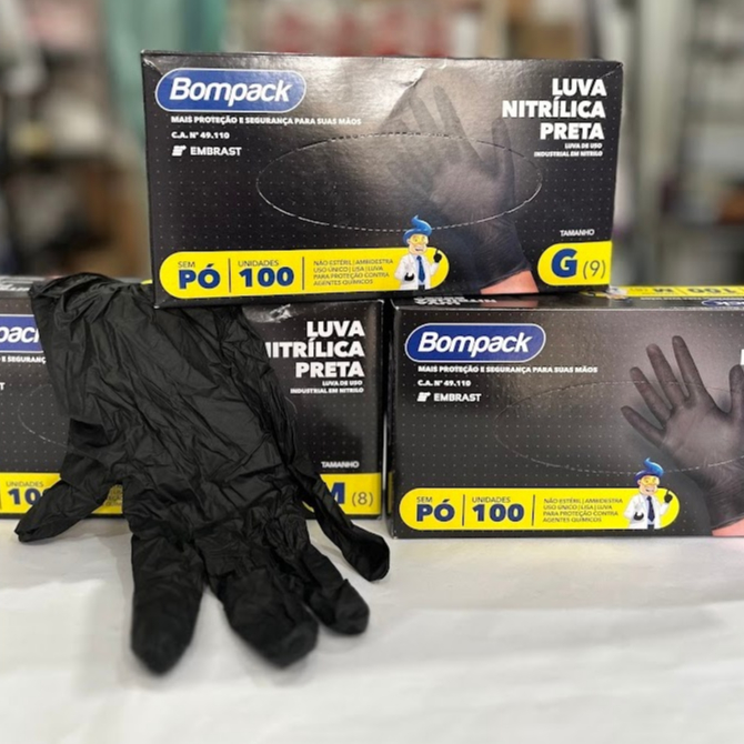 Luva Nitrílica Sem Pó Preta Bompack tamanho P, M, G 100 unidades | Shopee Brasil