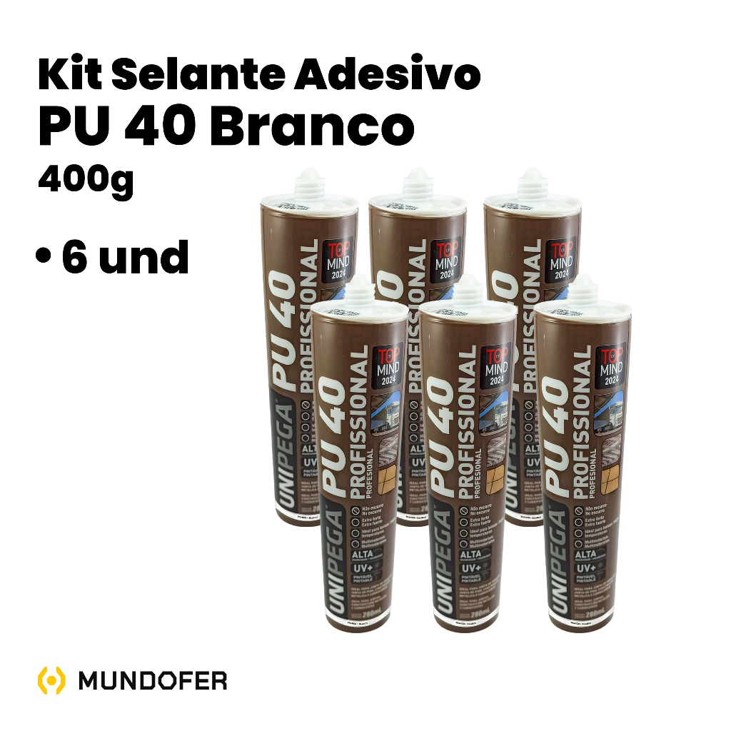 Kit 6x Selante PU 40 Branco 400g (280mL) – Cola Profissional p/ Juntas, Vidro, Metal e Reparos ...