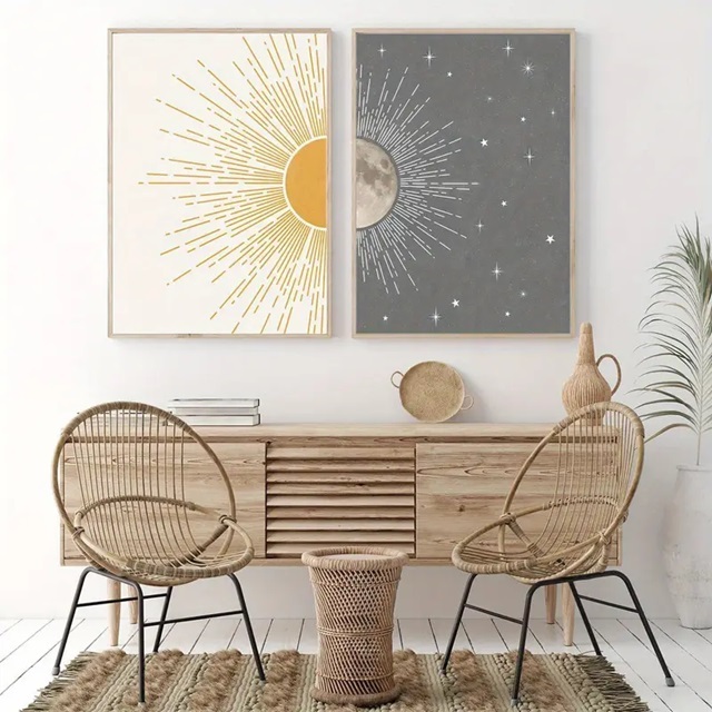 Quadro decorativo 2 peças 40x60 Sol e Lua Noite e dia astros para sala ...