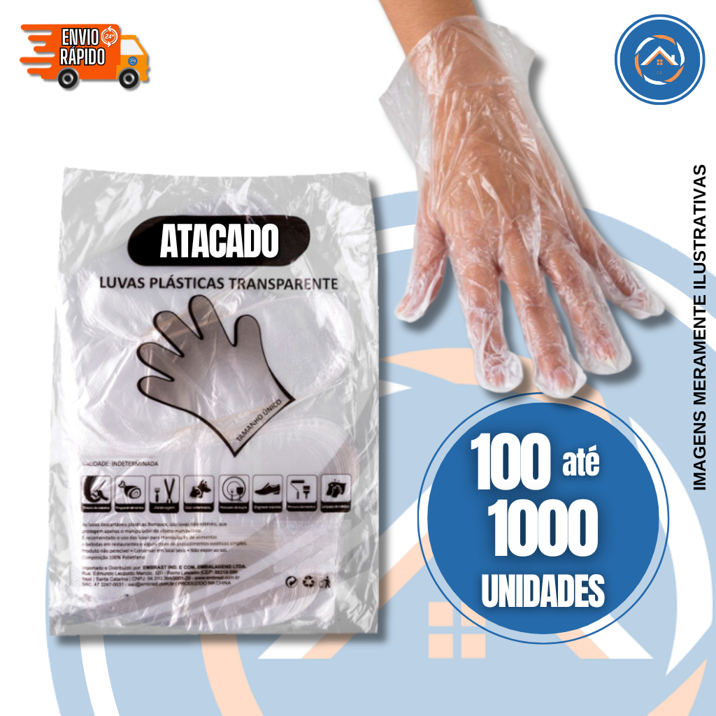Luvas Plásticas Transparentes Tam. Único c/100, 200, 300, 400, 500, 600 ...