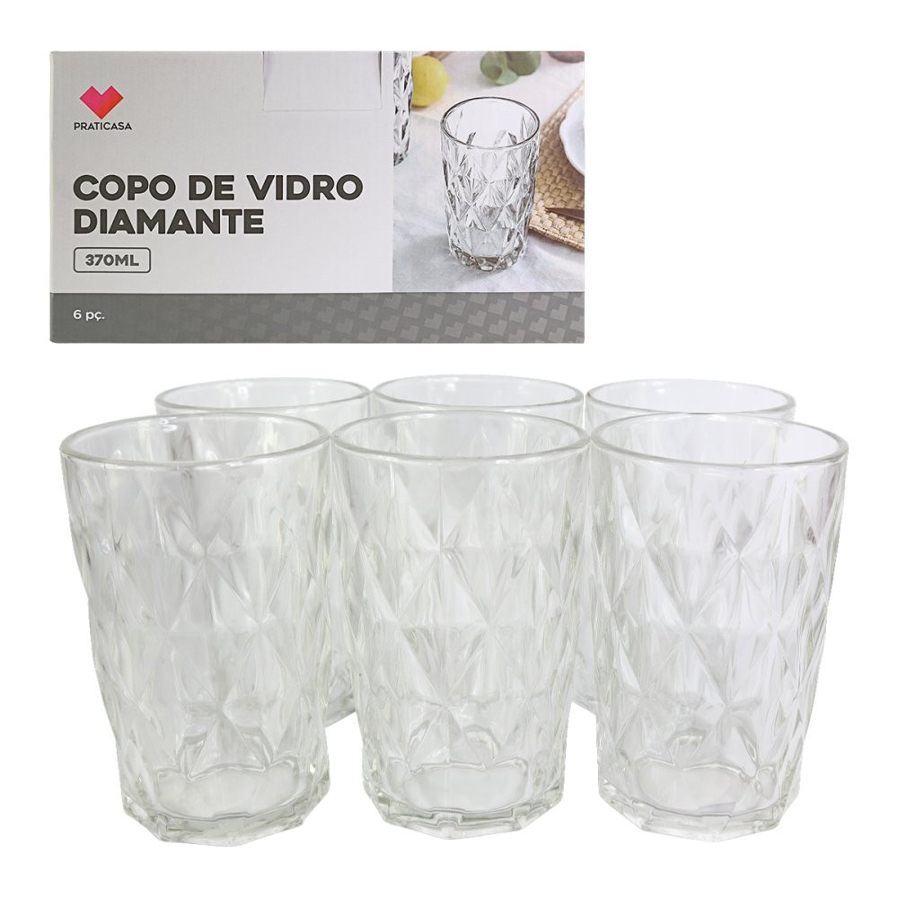 Jogo com 6 copos de vidro diamante elegante 370ml grande Suco água | Shopee Brasil