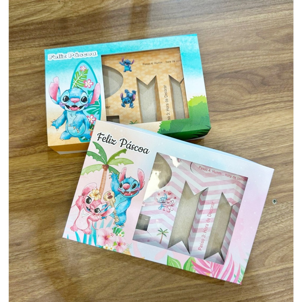 10 Caixas Kit Mini Confeiteiro Tema Lilo e Stitch Angel Feliz Páscoa ...