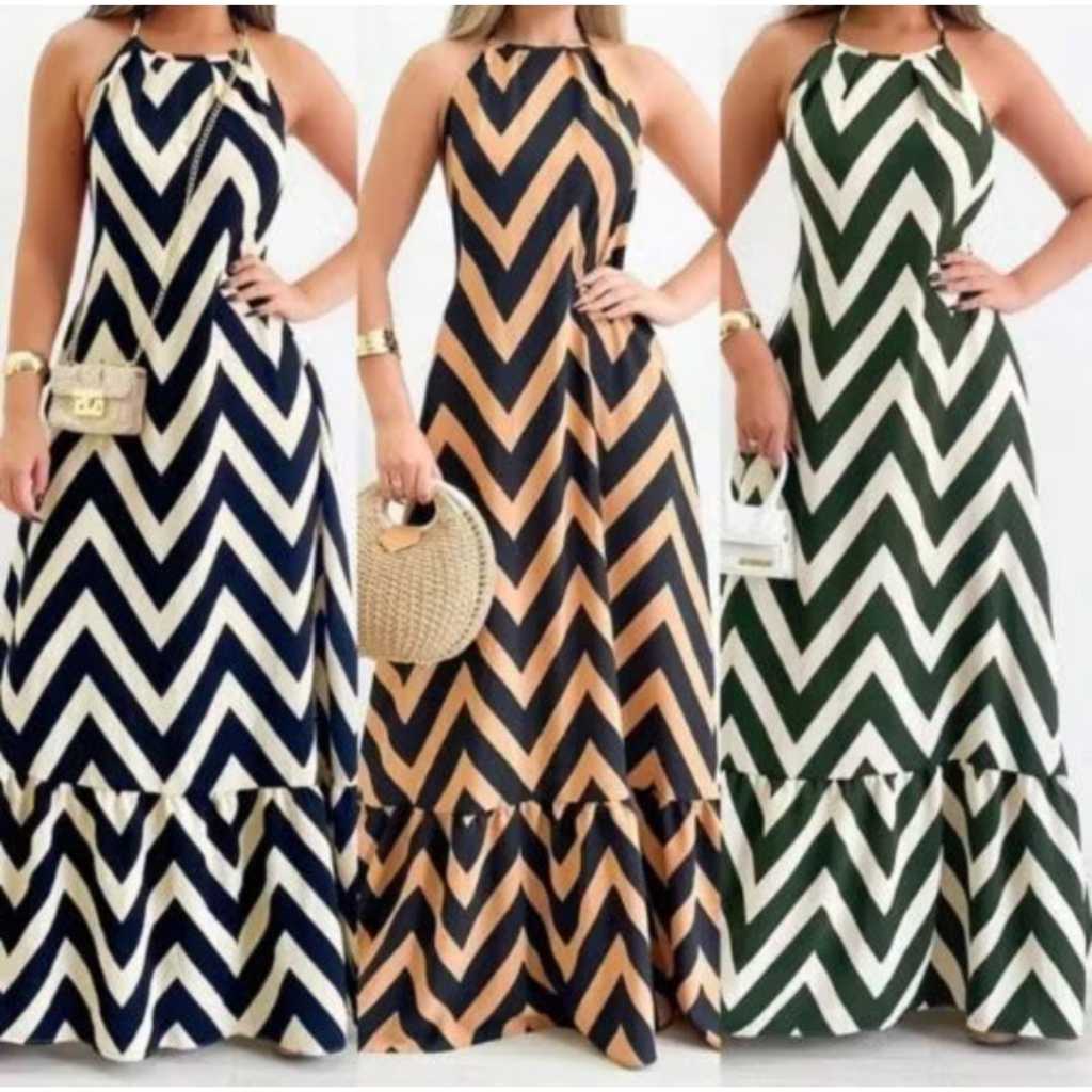 FR Modas Vestido Longo Feminino Estampa Zig Zag Com Bojo Costas Nua Tendência Verão 2025 ...