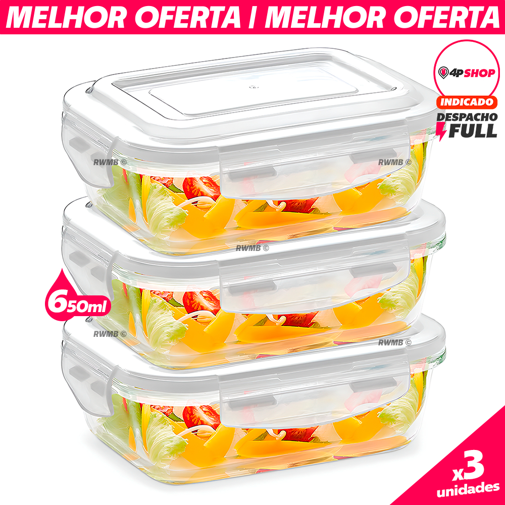 Kit 3 Potes Hermético 640ml Pote de Vidro Retangular Alta Vedação ...